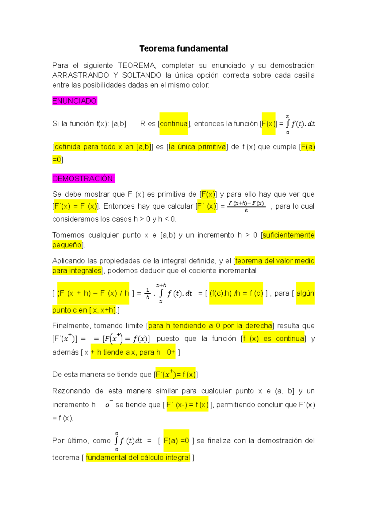 Teoremas Mate 1 - Teorema fundamental Para el siguiente TEOREMA ...