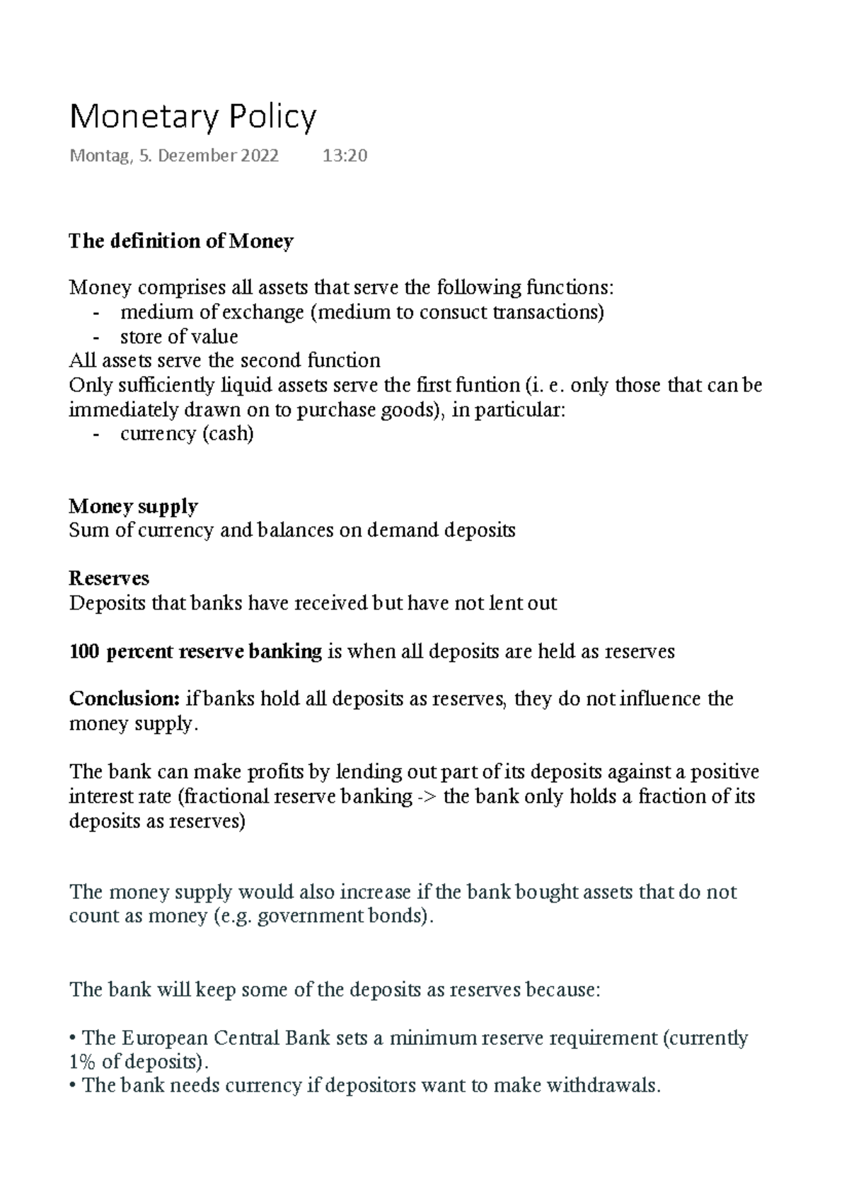 Monetary Policy - Wintersemester 2022/2023 - The definition of Money ...