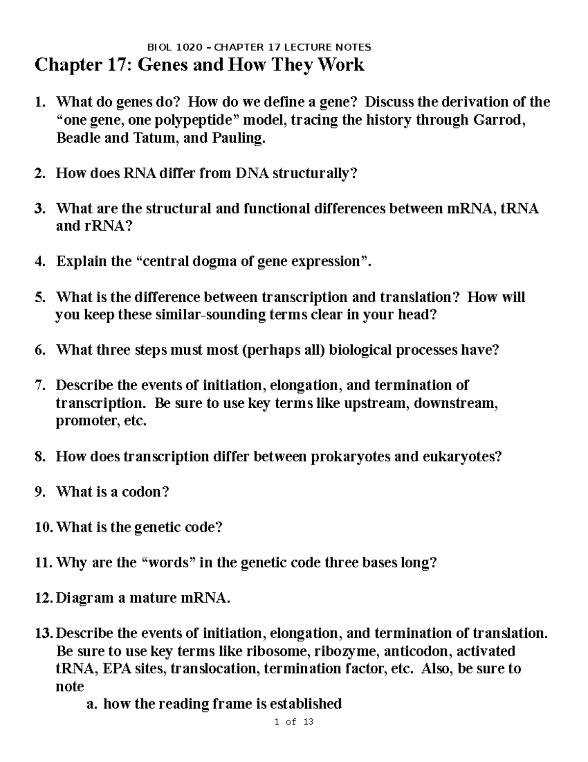 Chapter 17 - CH 17 study guide and notes. - BIOL 1020 - Studocu