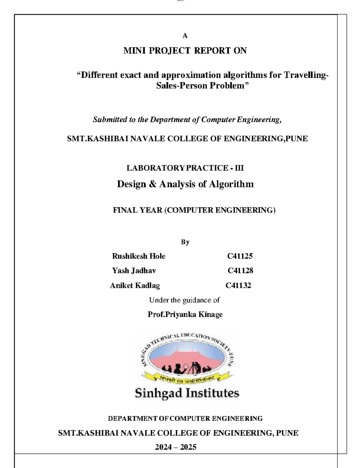 DAA Project - ALL NOTES - A MINI PROJECT REPORT ON “Different exact and ...