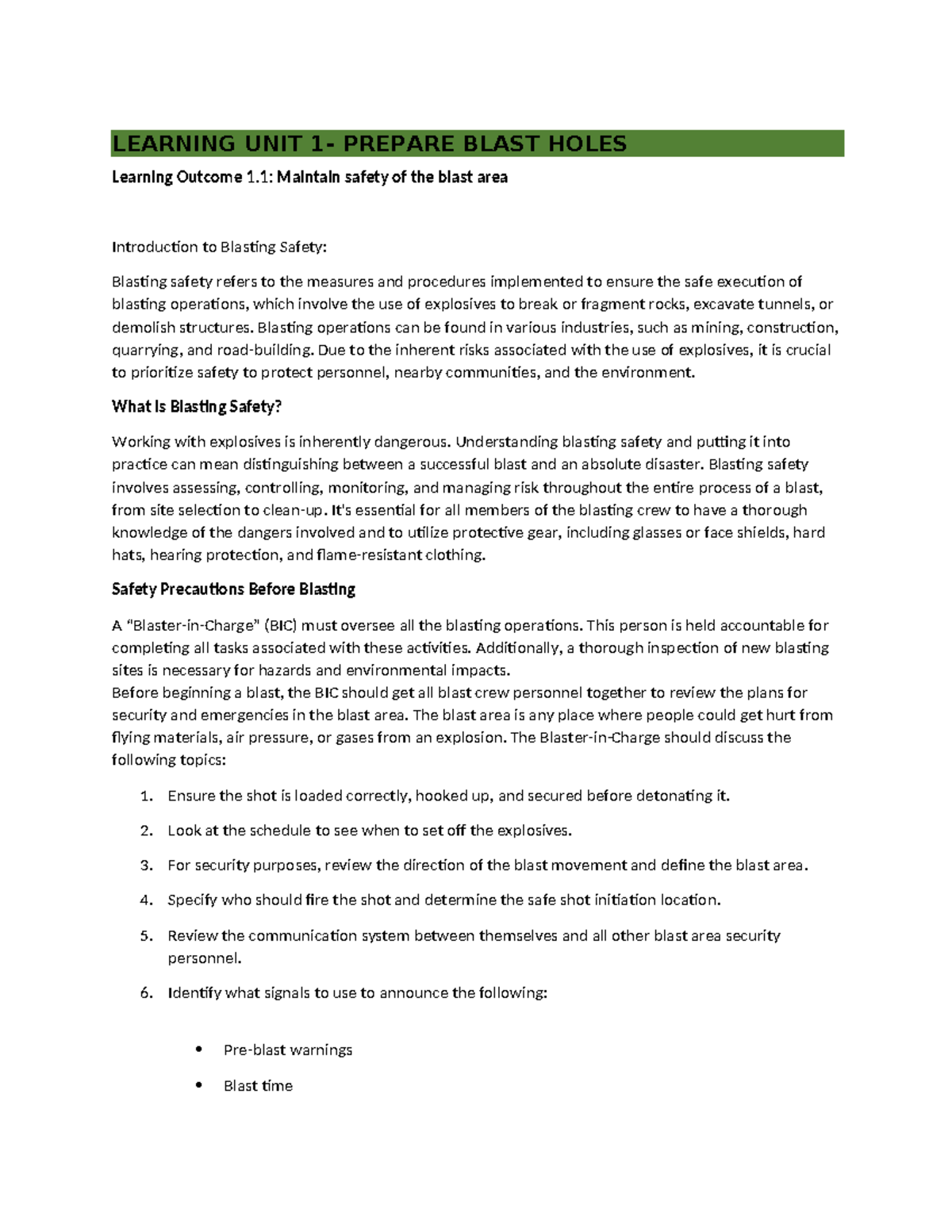 Blasting operation - study notes - LEARNING UNIT 1- PREPARE BLAST HOLES ...