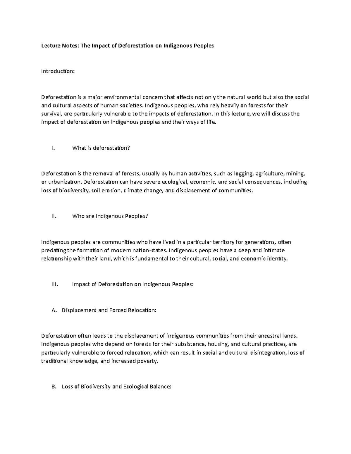 Lecture Notes: The Impact of Deforestation on Indigenous Peoples ...