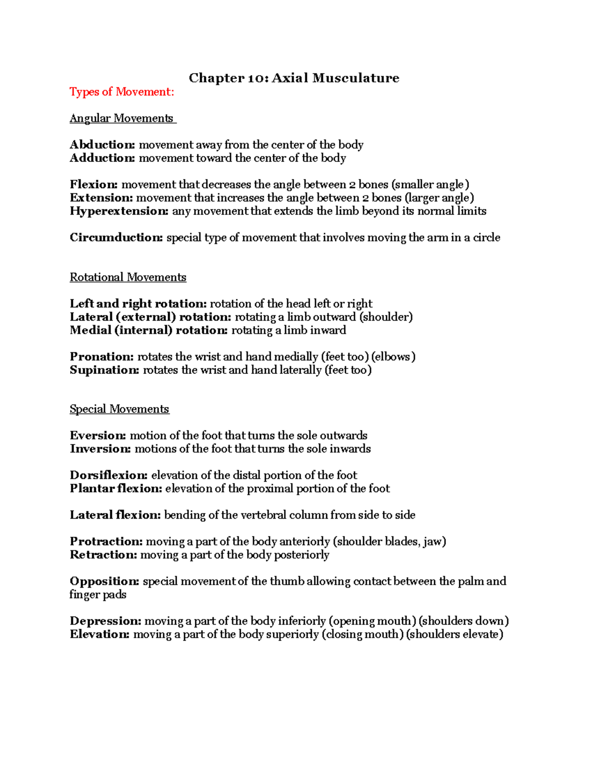 Chapter 10 Notes - Chapter 10: Axial Musculature Types of Movement ...