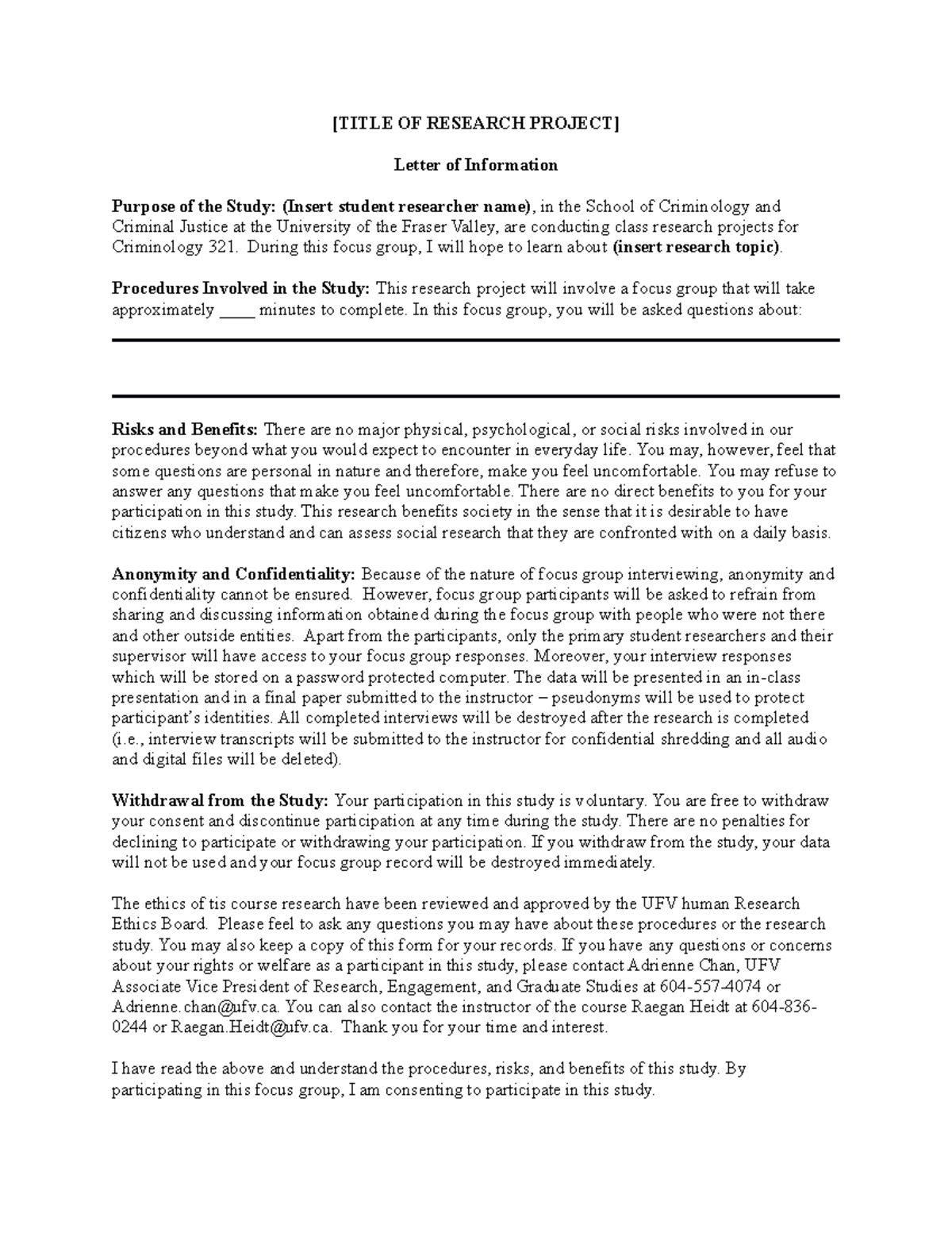 Sample Informed Consent Form - [TITLE OF RESEARCH PROJECT] Letter of ...