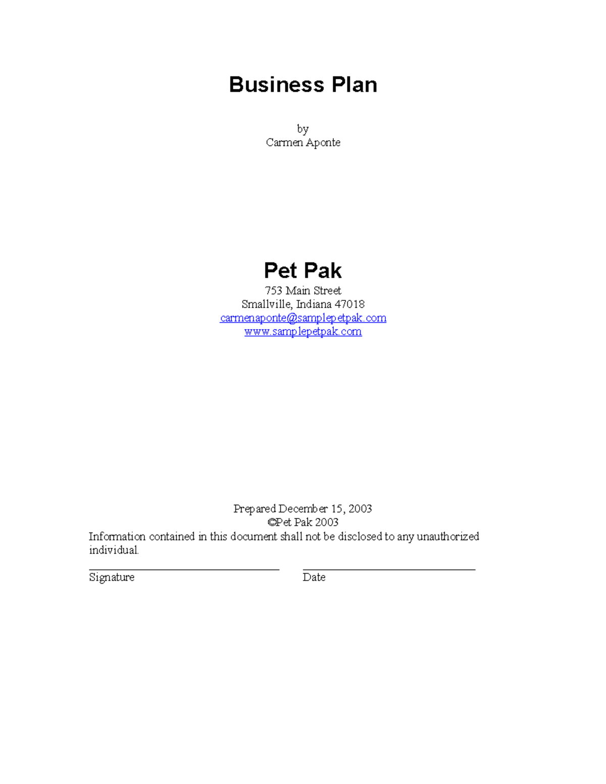 Businessplansample and art - Business Plan by Carmen Aponte Pet Pak 753 ...