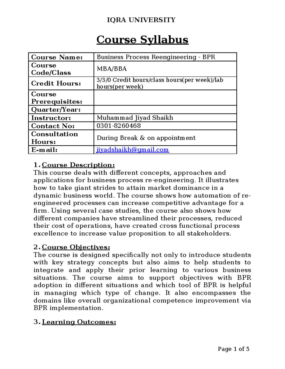 Course Outline BPR - COLS - Course Syllabus Course Name: Business ...