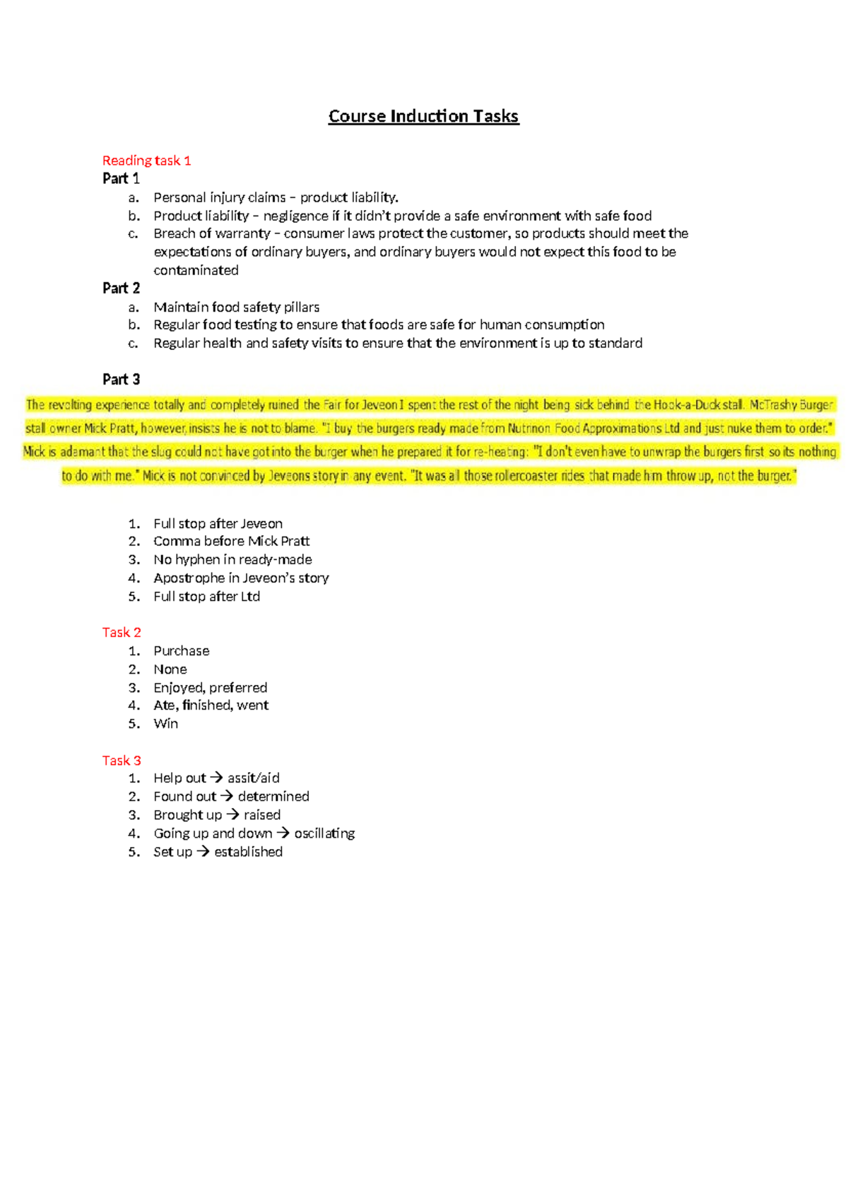 Course Induction Tasks Course Induction Tasks Reading Task 1 Part 1 A