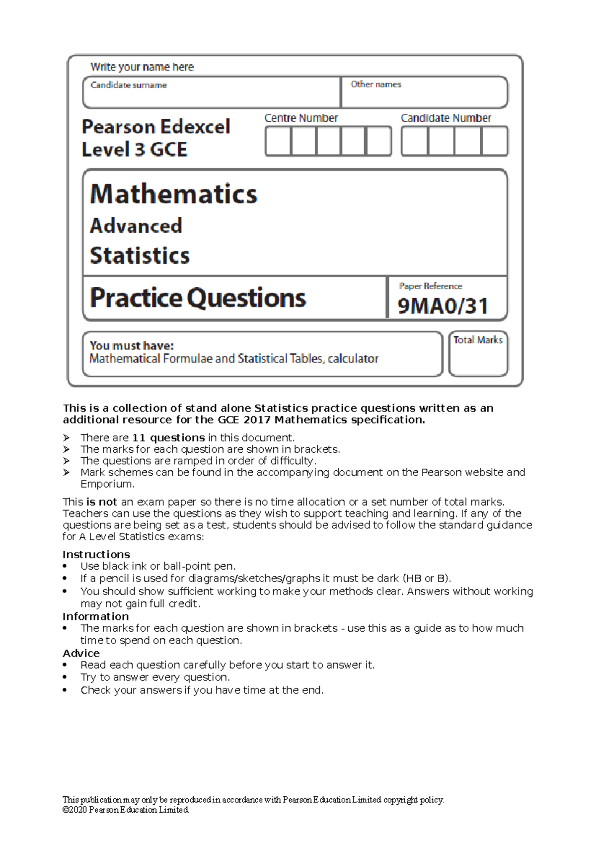22a 9MA0-31 Statistics Practice Questions - full set v2 - Final - This ...