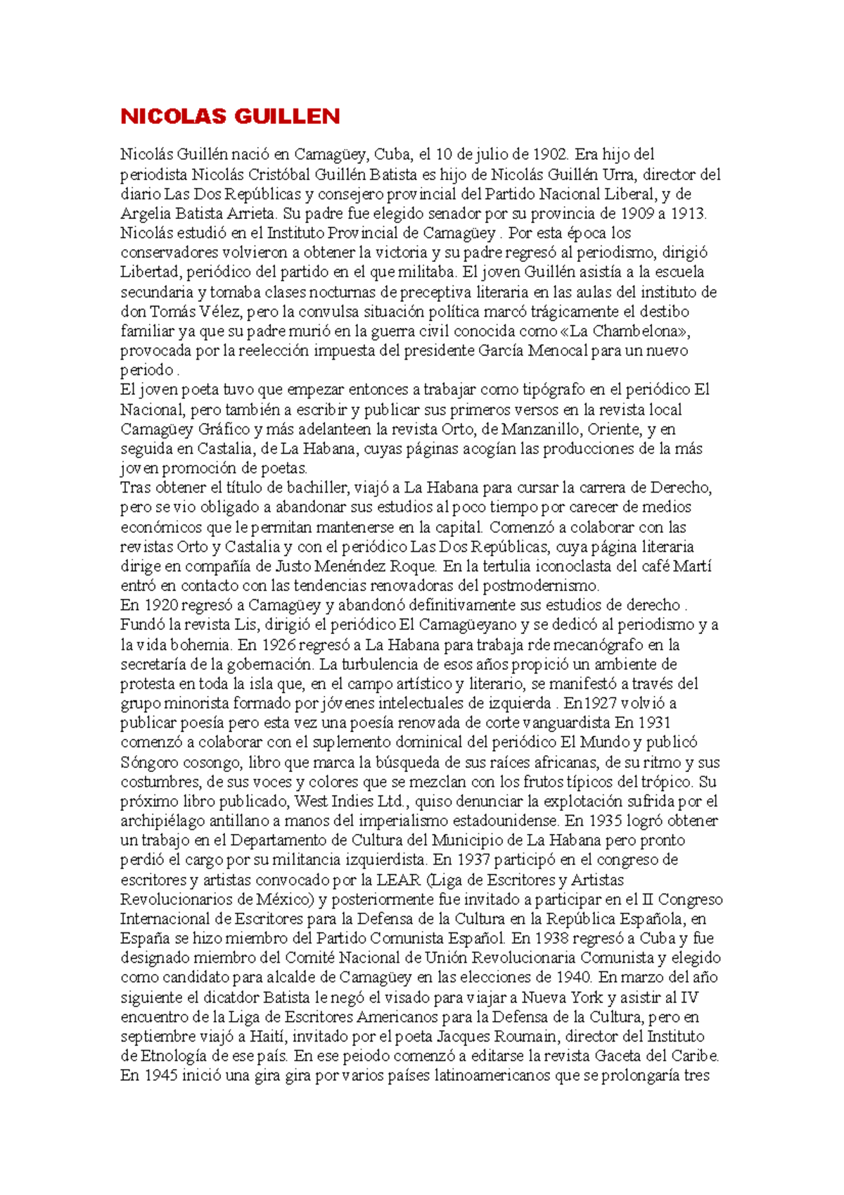 Nicolas Guillen Biografia - NICOLAS GUILLEN Nicolás Guillén nació en ...