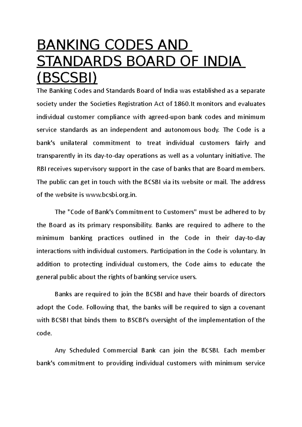 Banking Codes AND Standards Board OF India BANKING CODES AND