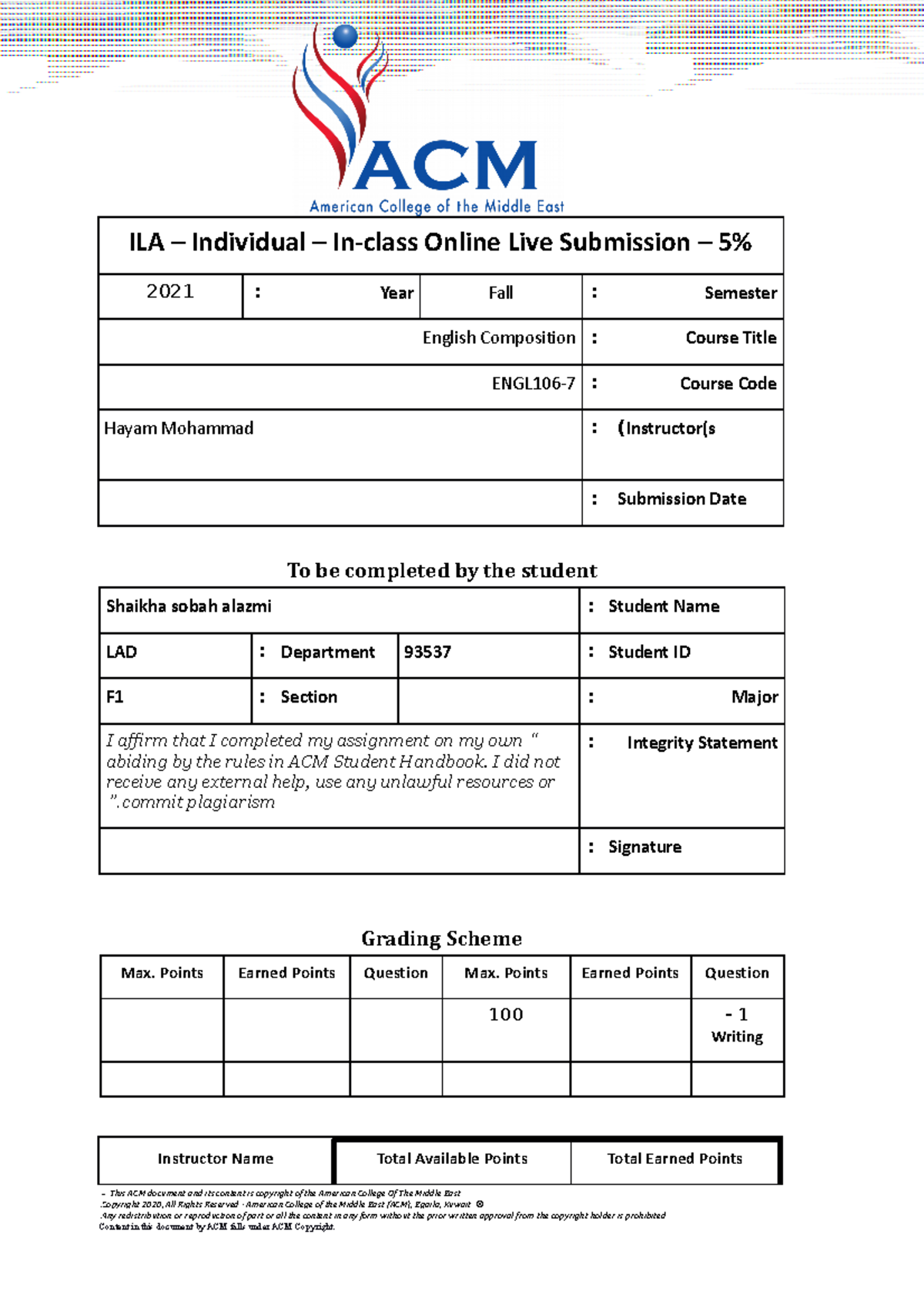 ENGL106-7 Fall 2021 ILA F1 - ILA – Individual – In-class Online Live ...