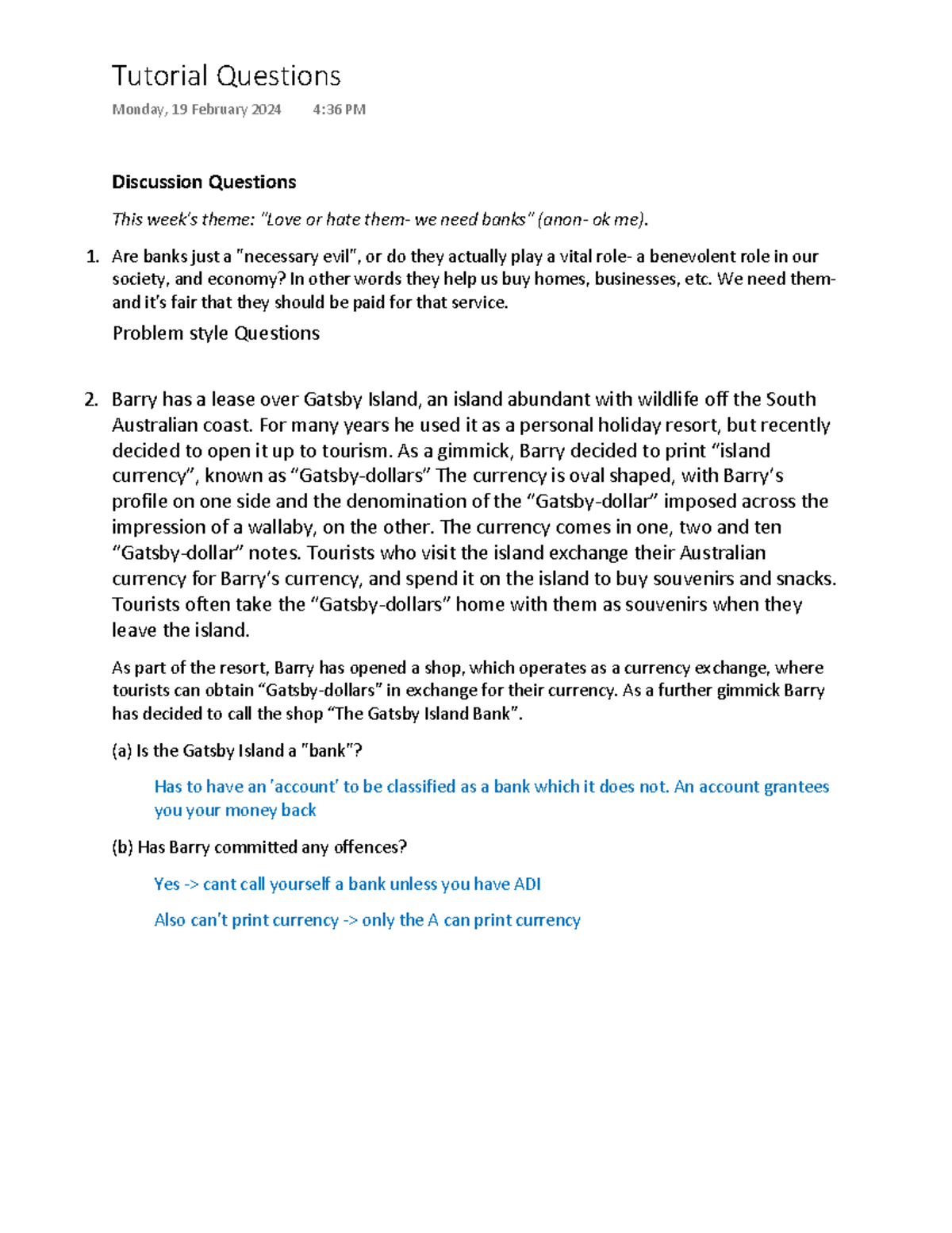 Law week 1 tutorial questions and answers - Discussion Questions This week's theme: "Love or ...