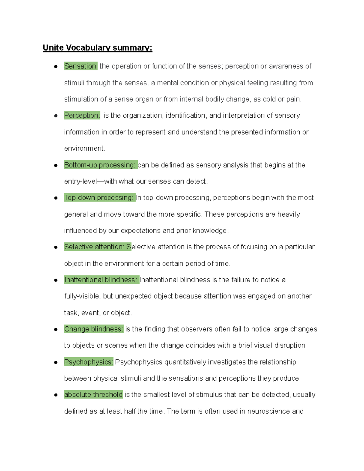 Unit 3 vocab psychology - 1 - Unite Vocabulary summary: Sensation: the ...