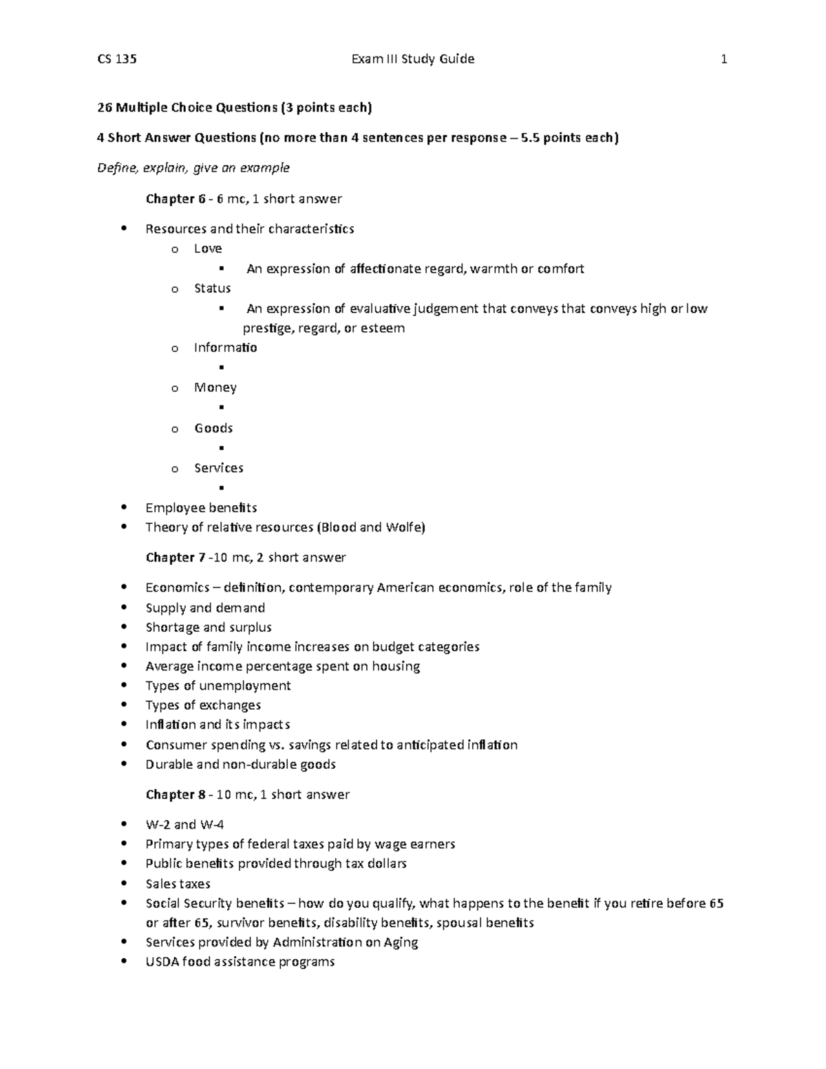 Exam 2 Study Guide - CS 135 Exam III Study Guide 1 26 Multiple Choice Questions (3 points each ...