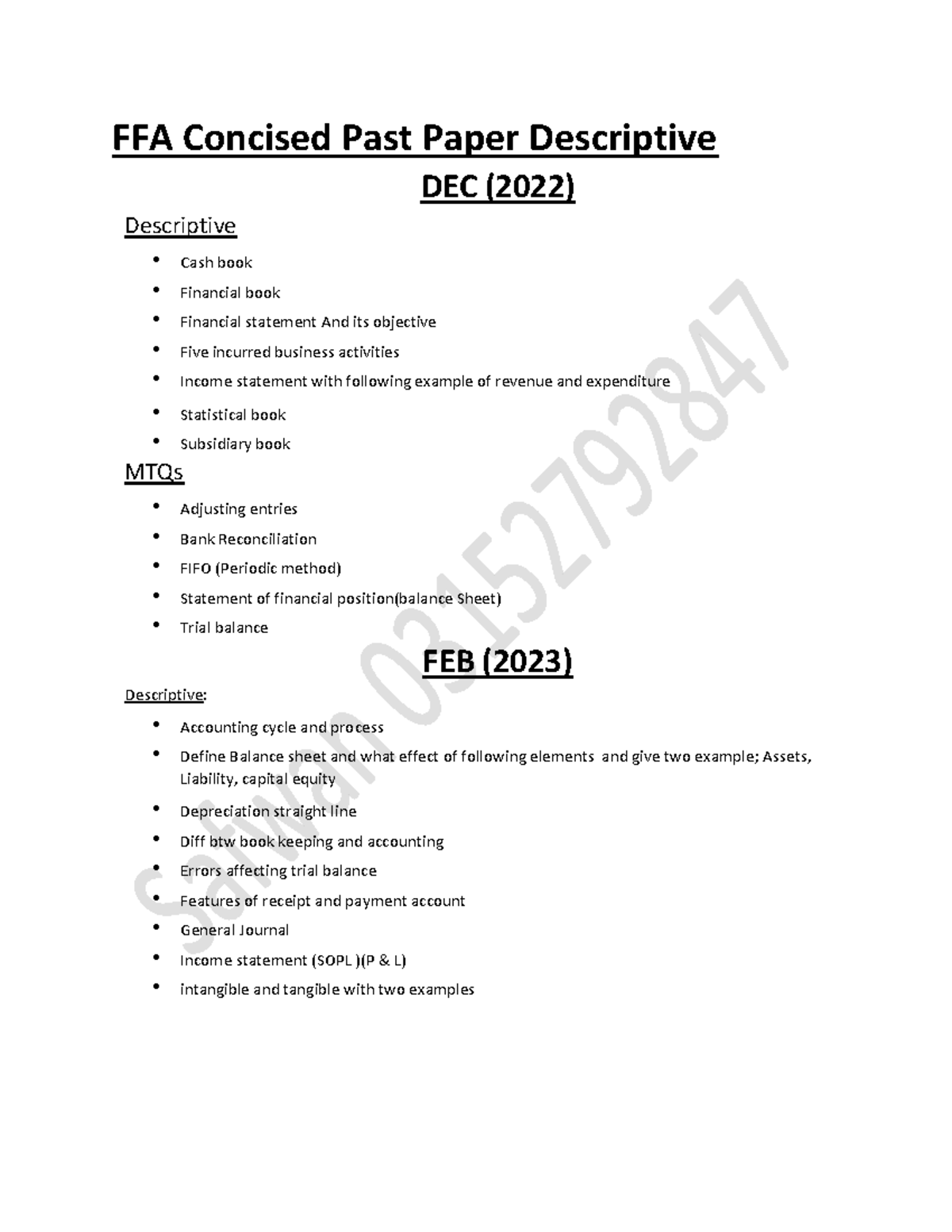 FFA Concised Past Papers - Cost is 3000000. Transportation charges 2000 ...