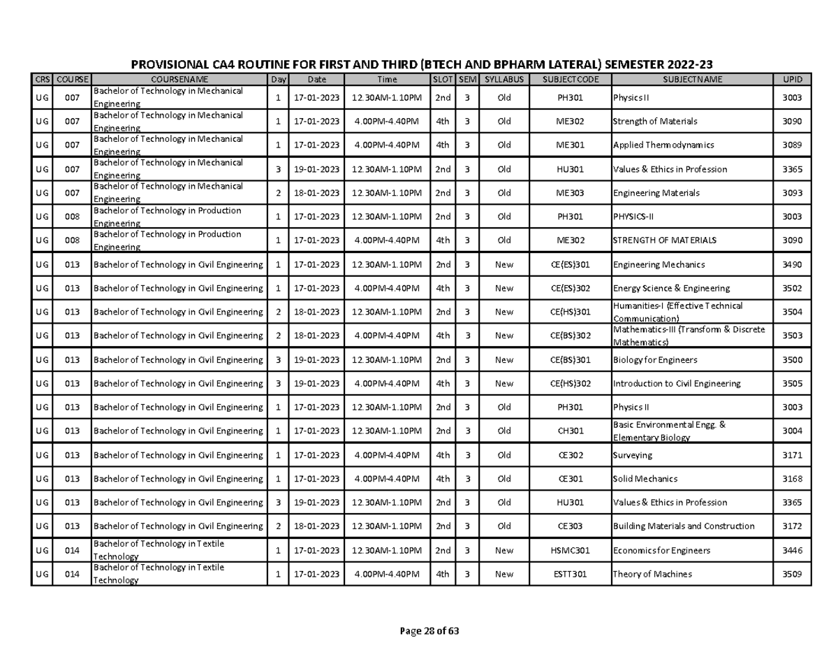 Routine CA4 1st 3rd Lateral-2023 - CRS COURSE COURSENAME Day Date Time ...
