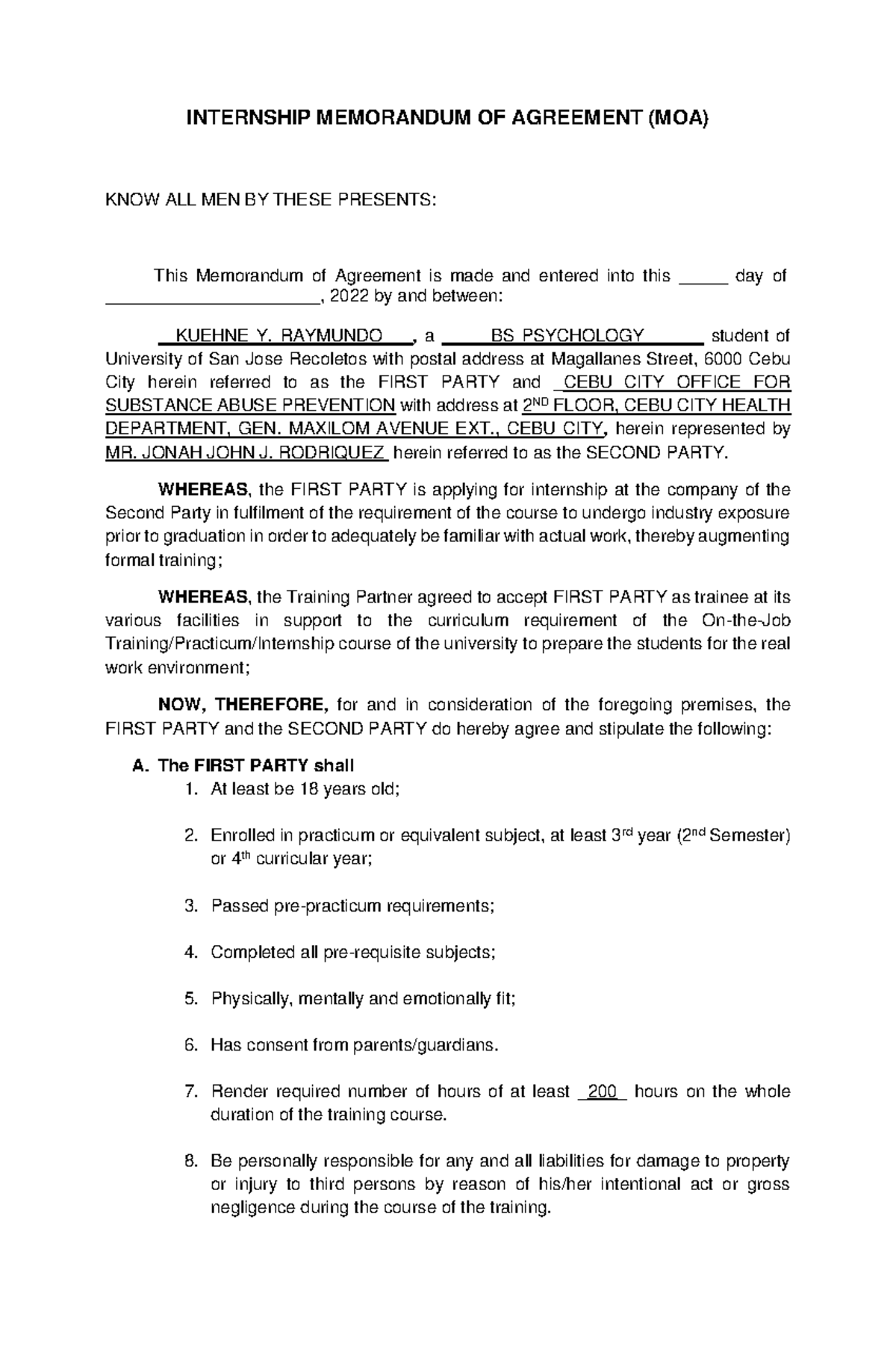 Kwini - numerical - INTERNSHIP MEMORANDUM OF AGREEMENT (MOA) KNOW ALL ...