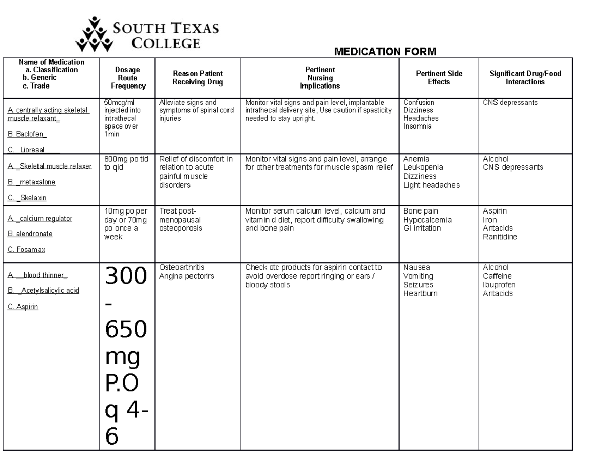 4th med form - medform - Name of Medication MEDICATION FORM b. Generica ...