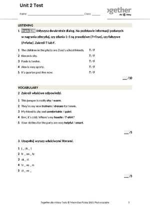 Together kl4 Standard Tests Answer Key - Unit 1 A ex. 1 1 c 2 c 3 a 4 c ...