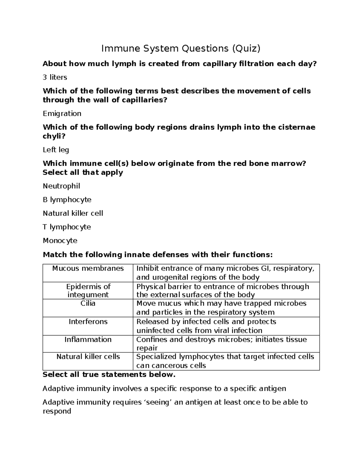 Week 4 Immune System questions - Immune System Questions (Quiz) About ...