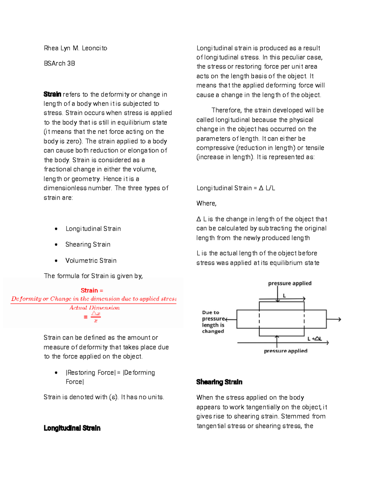 Strema Strain - Rhea Lyn M. Leoncito BSArch 3B Strain refers to the ...