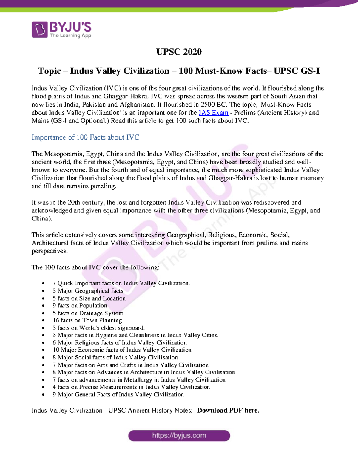 IVC 100 Facts for UPSC - Ivc - UPSC 2020 Topic – Indus Valley ...