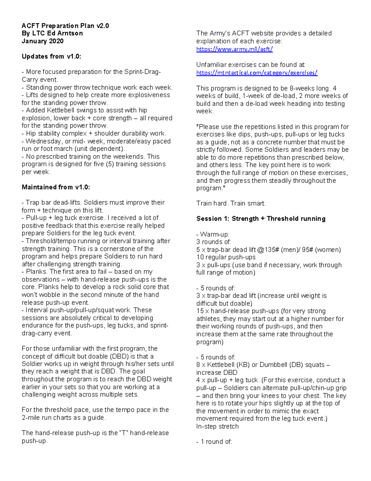 ACFT Preparation Plan 2 - By LTC Ed Arntson January 2020 Updates from ...