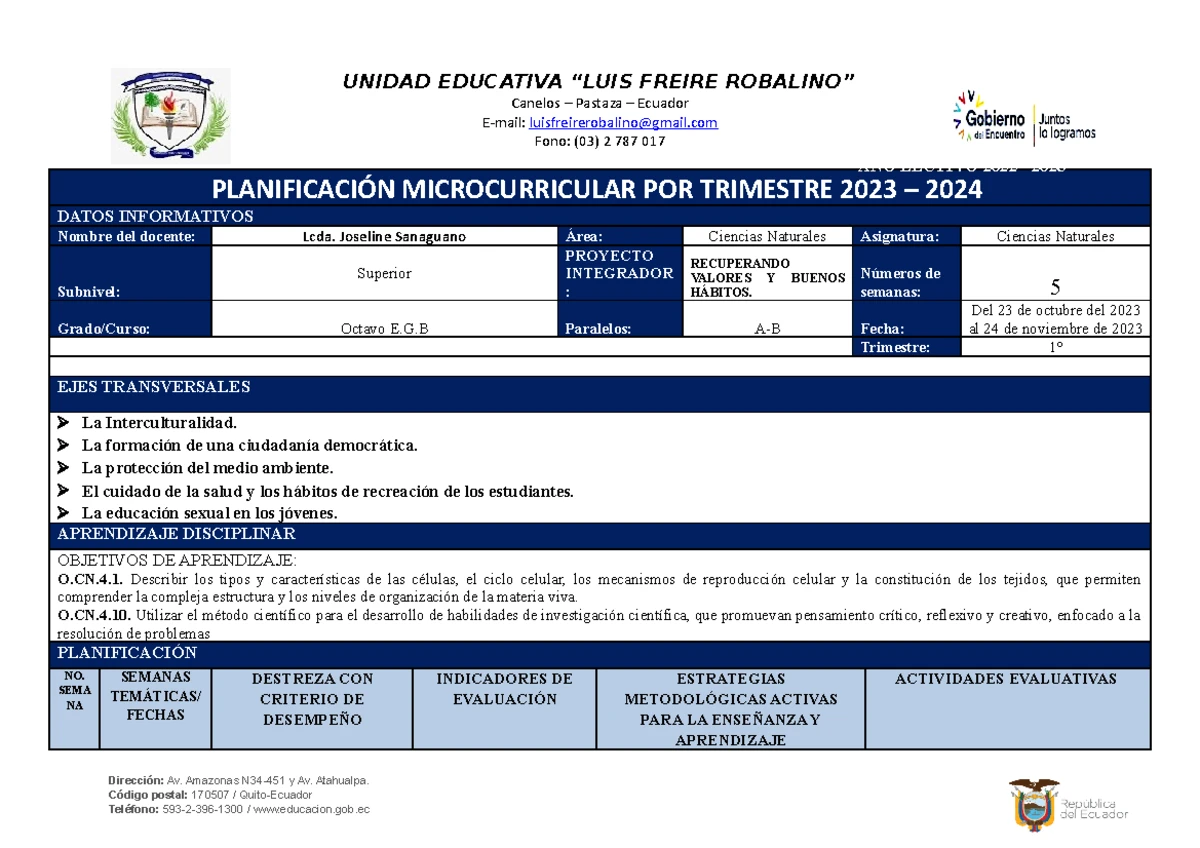 2024 Planificación 8 Semanas 9No CC.NN Segundo Trimestre - Dirección ...