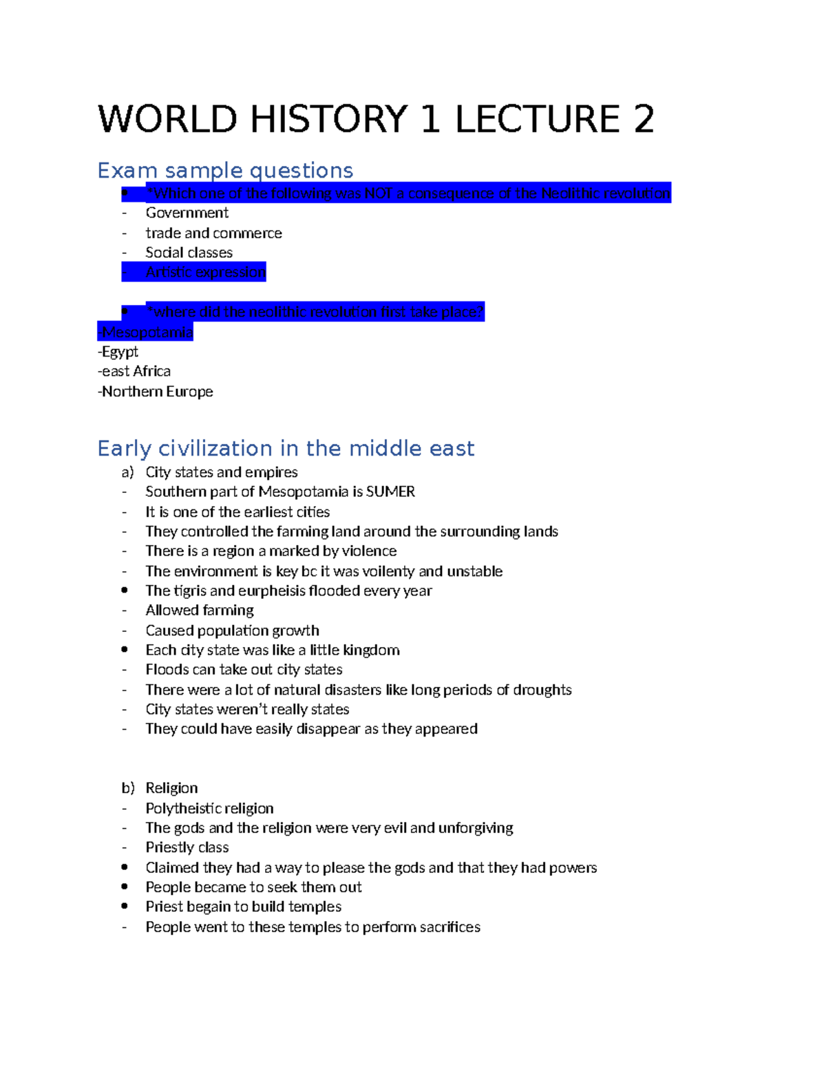 World history 1 lecture 2 - WORLD HISTORY 1 LECTURE 2 Exam sample ...