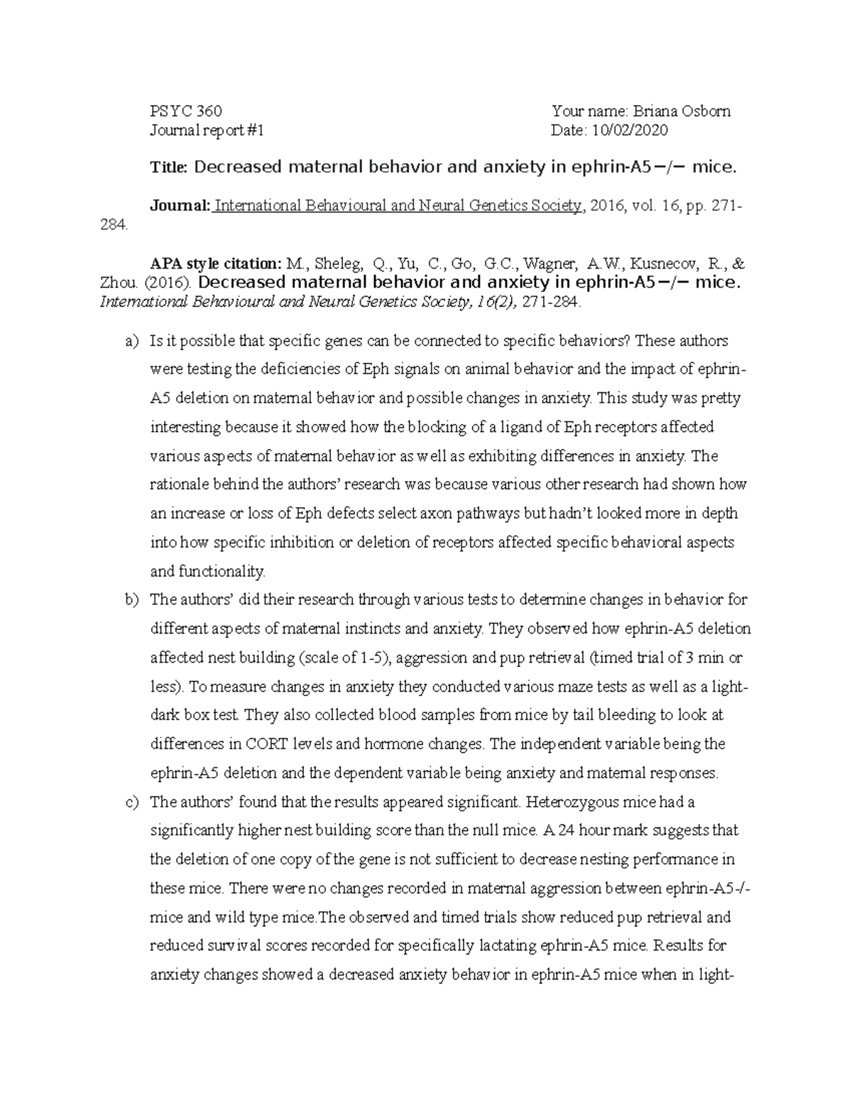 JAR #1 - JAR assignment - PSYC 360 Your name: Briana Osborn Journal ...