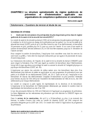 Chapitre 3 solutionnaire SST - CHAPITRE 3 Le régime québécois de prévention applicable aux - Studocu