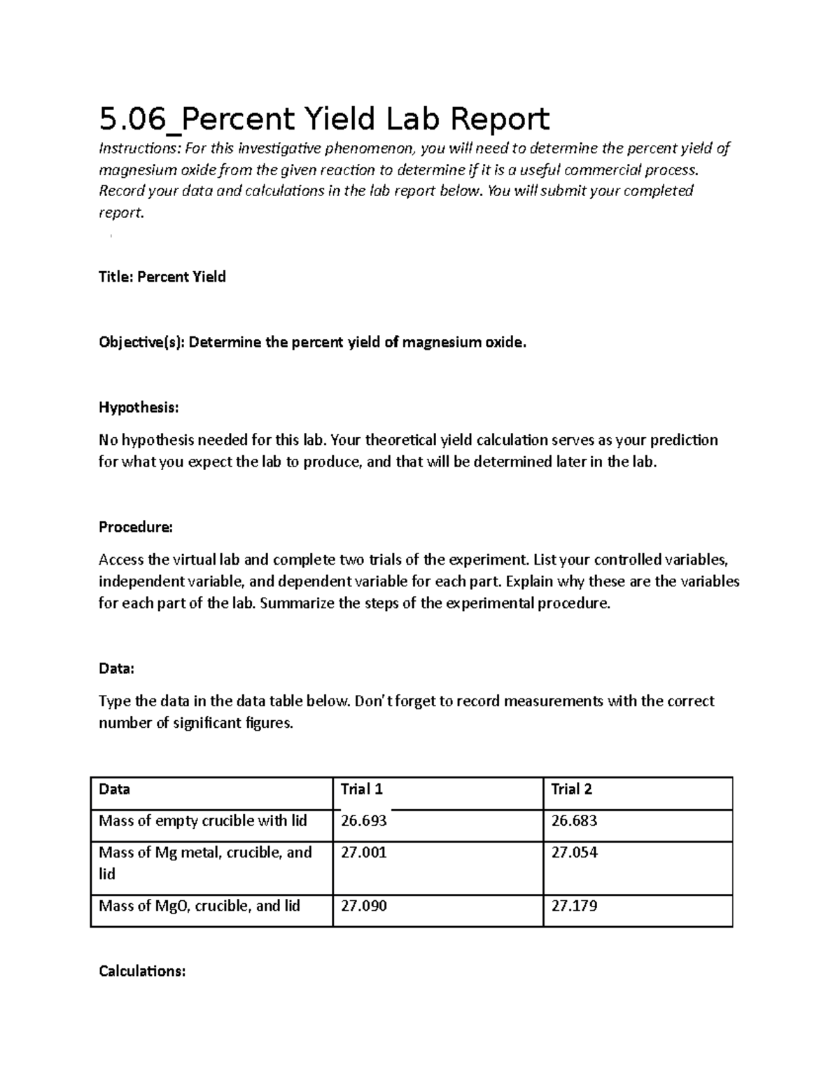 5 06 Percent Yield Lab Report For Mrs G 5 Percent Yield Lab Report