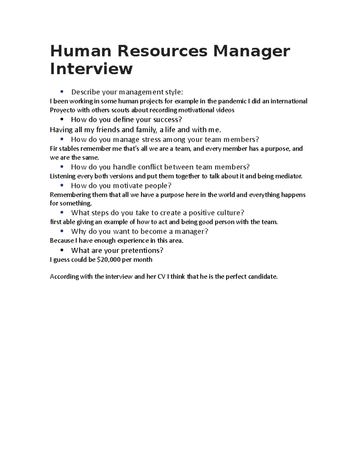 ACTIVIDAD 12 TEMA 12 - Human Resources Manager Interview Describe your management style: I been ...