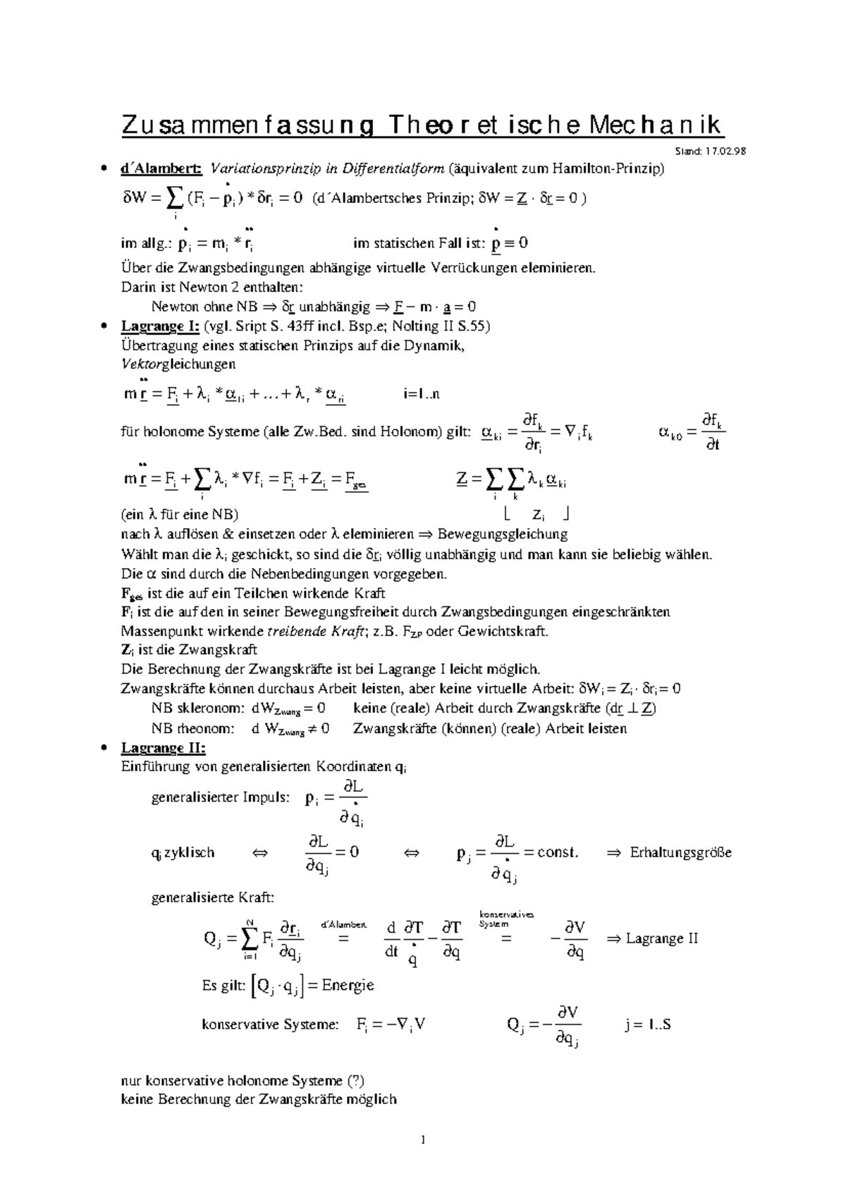 Theo1zus - Zusammenfassung Mechanik und Elektrodynamik - Zusammenfassung Theoretische Mechanik ...