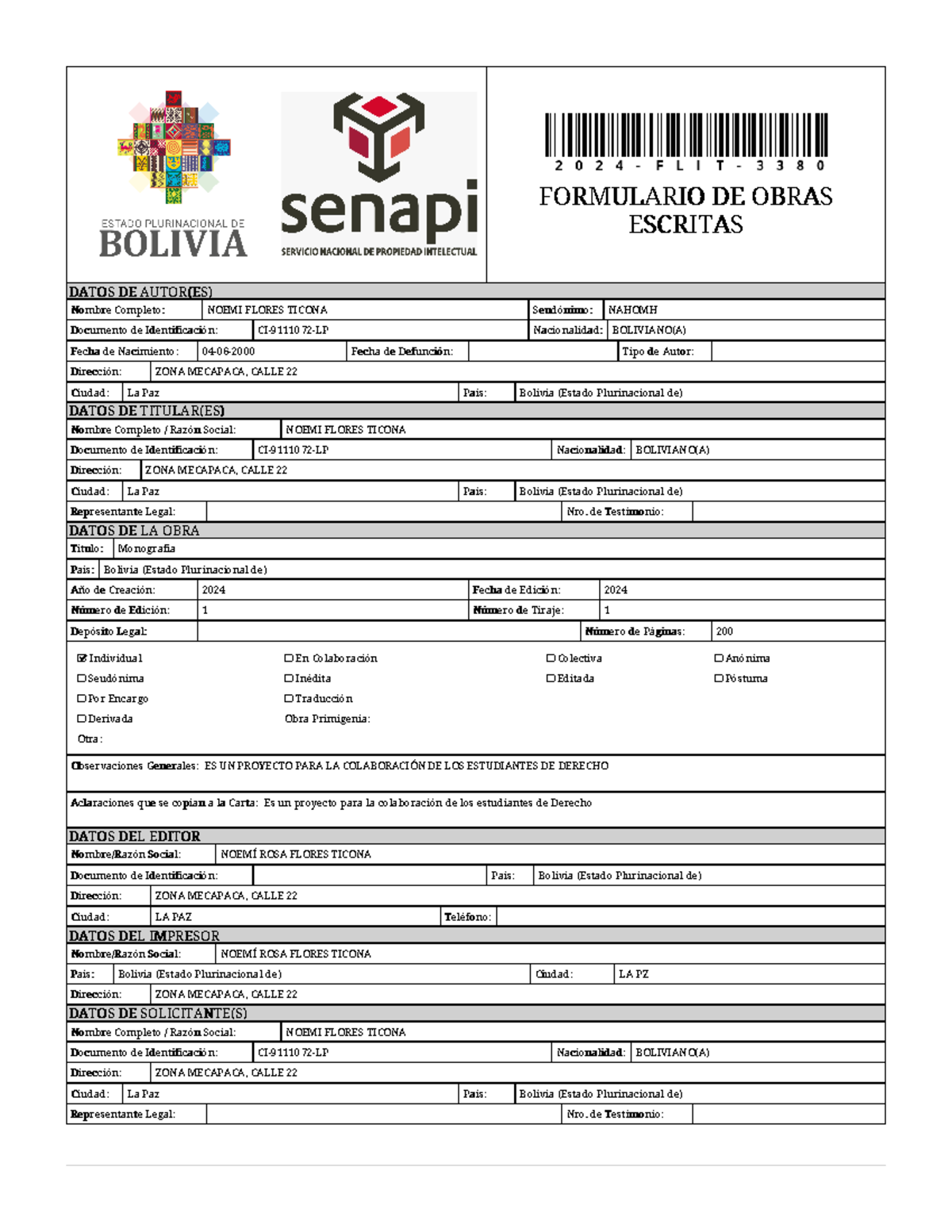 Senapi formulario - FORMULARIO DE OBRASFORMULARIO DE OBRAS ESCRITASESCRITAS DATOS DE AUTOR(ES ...