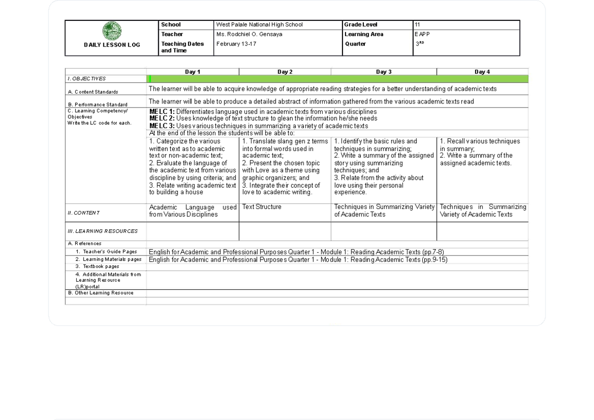 Q3-eapp-dll-week-1-dll compress - DAILY LESSON LOG School West Palale National High School Grade ...