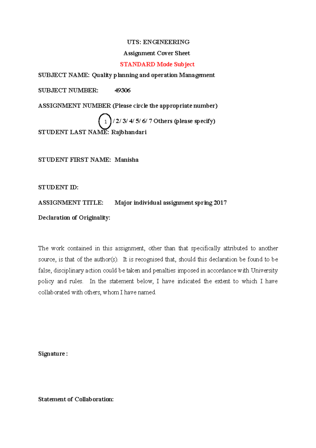 49306 Quality Operations Management Systems - UTS: ENGINEERING ...