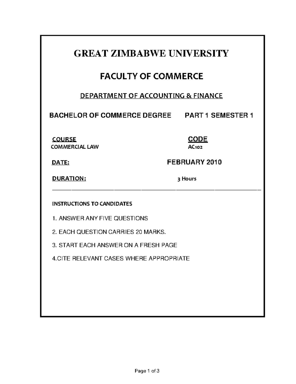 2010 Febac 102 Past Exam Paper Page 1 Of 3 Great Zimbabwe University Faculty Of Commerce