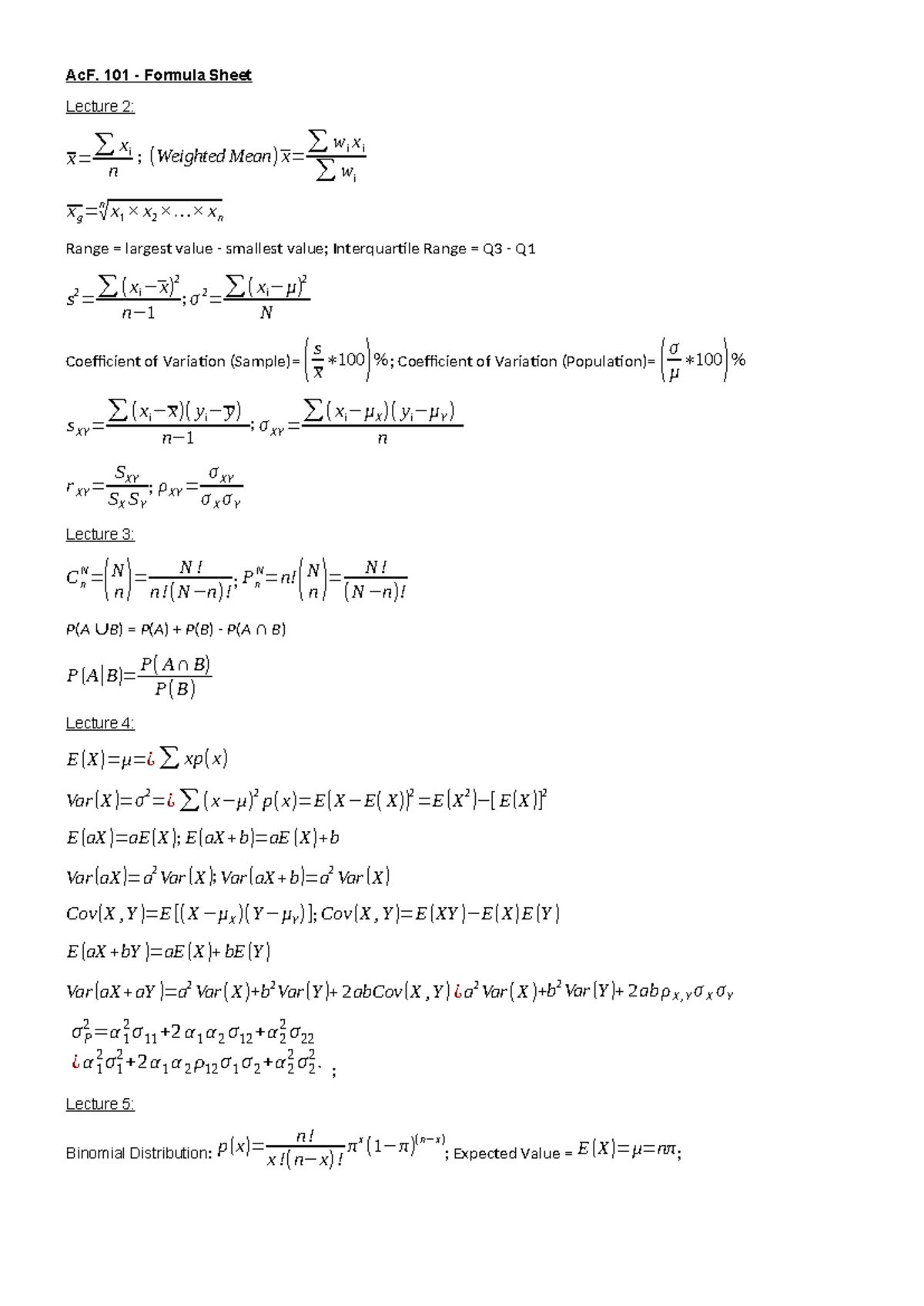Formula Sheet - AcF. 101 - Formula Sheet Lecture 2: x= ∑ xi n ...