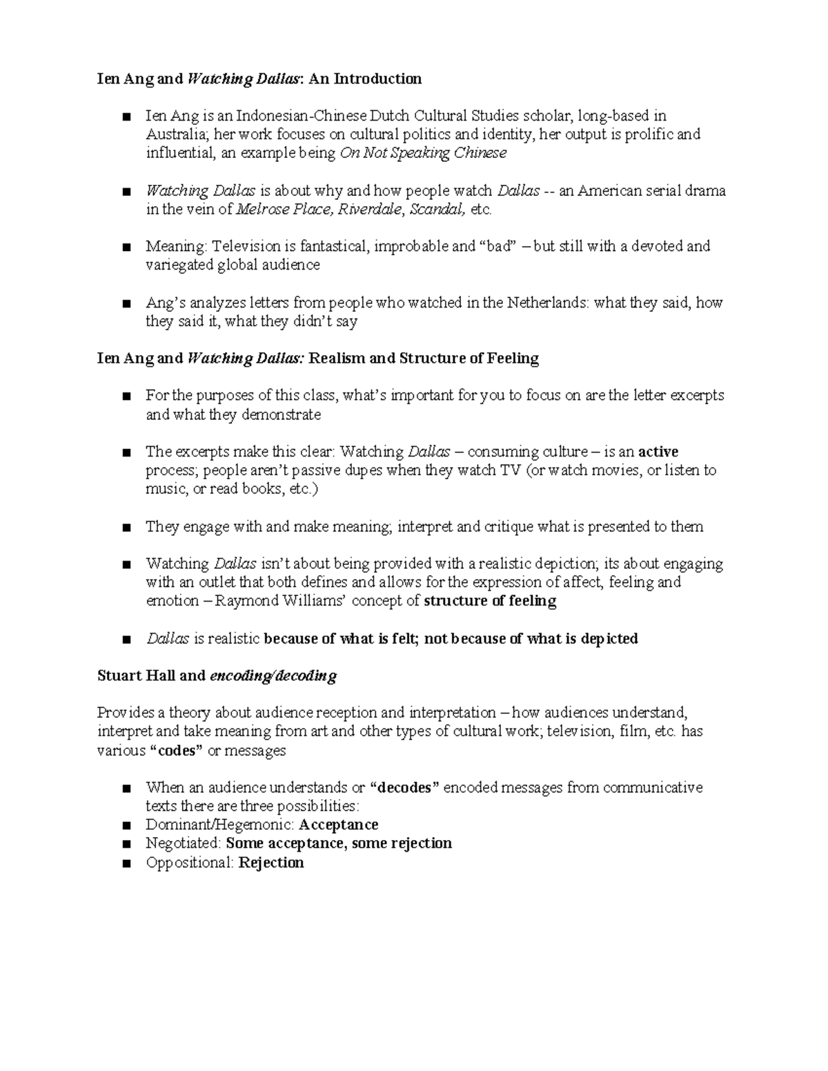 ENGL100 Lecture 11 - Ien Ang and Watching Dallas : An Introduction Ien ...