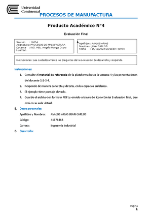 PA3 Procesos DE Manufactura Desarrollado - Producto Académico N° Consolidado 2 A. Instrucciones ...