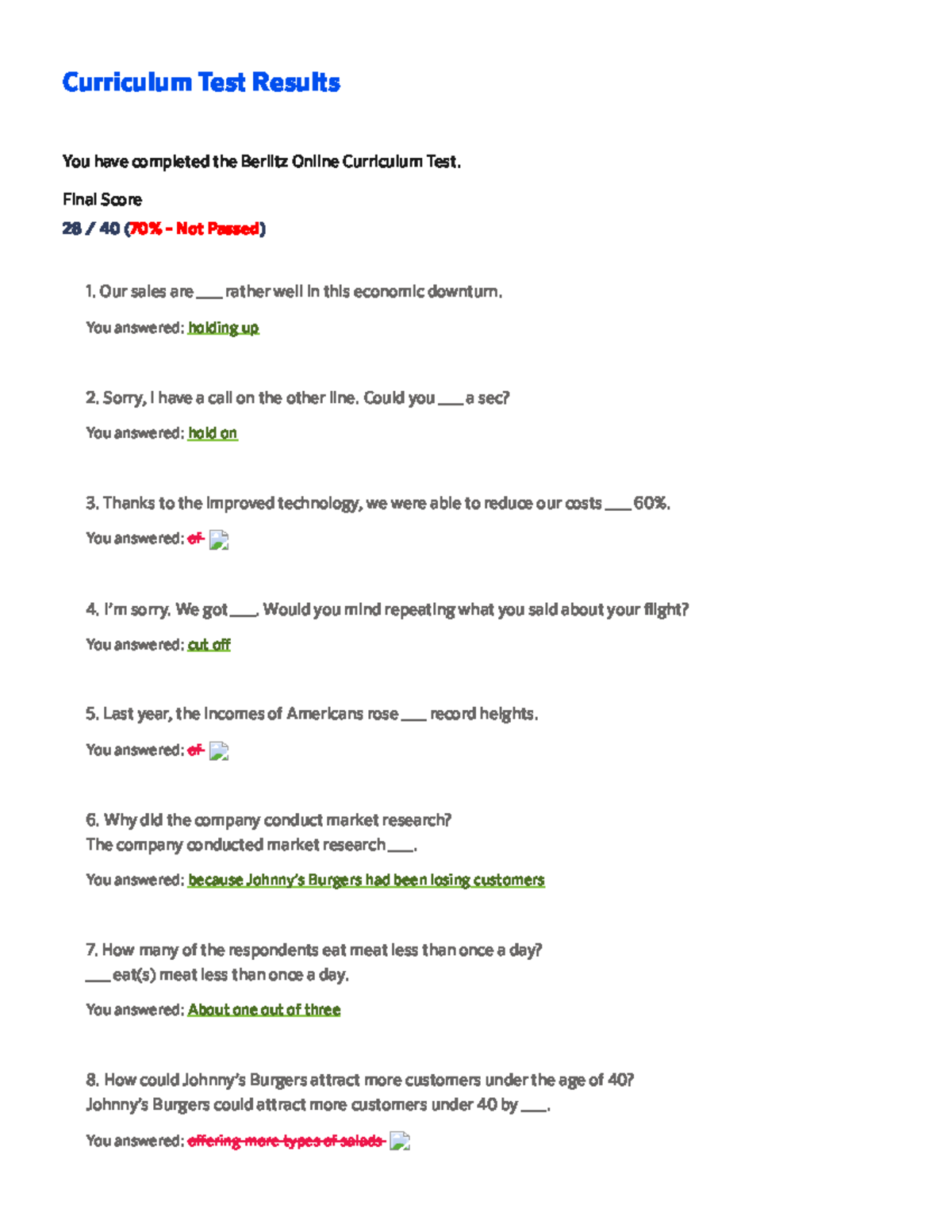 Berlitz Online Testing Level 6 stage 1 - You have completed the Berlitz ...