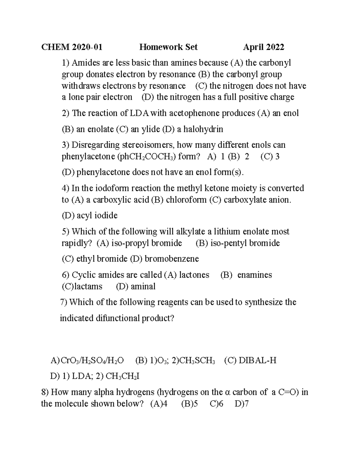 CHEM 2020-01 Homework Set 4 April 2022 - CHEM 2020-01 Homework Set ...