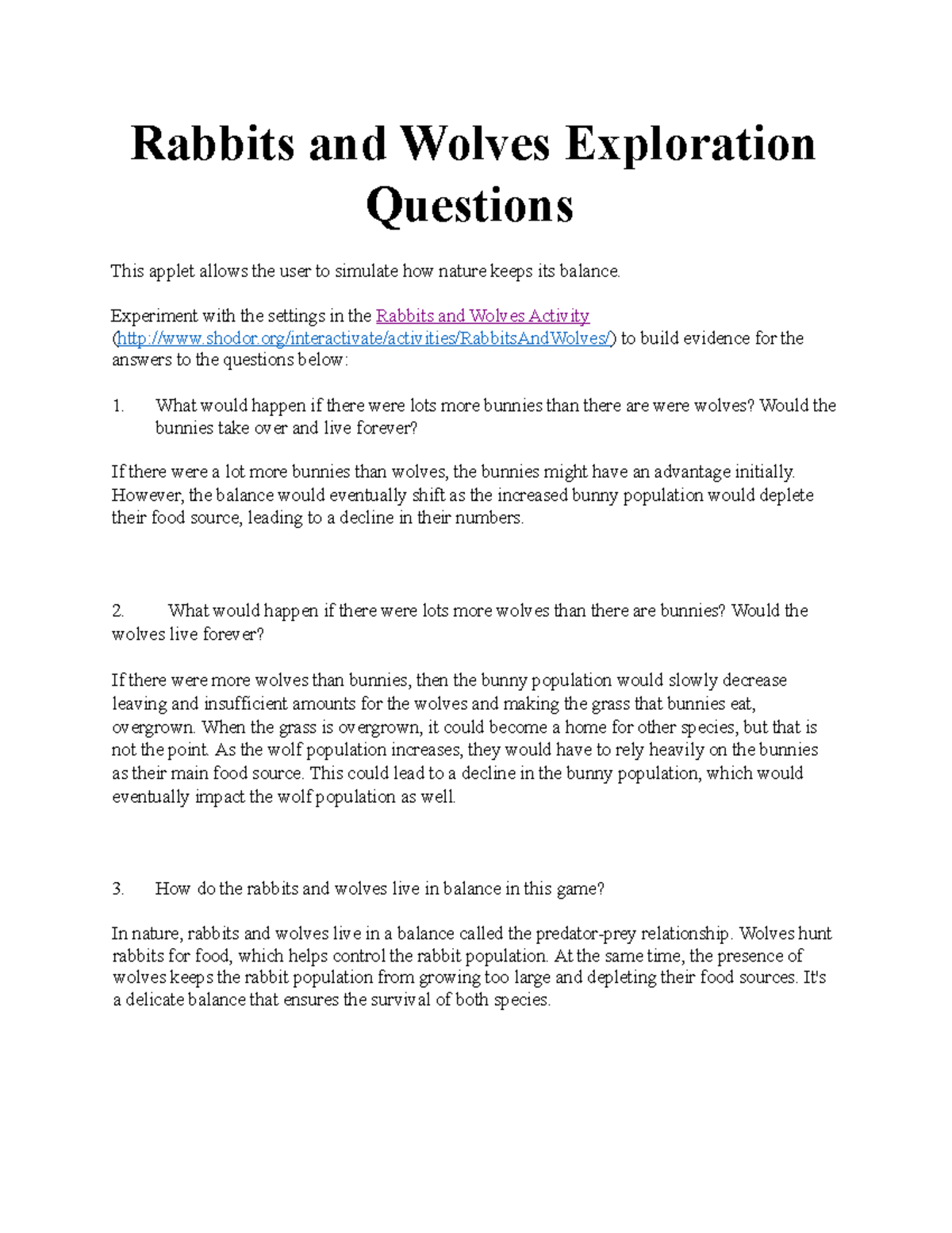 Rabbits and Wolves Exploration Questions - Rabbits and Wolves ...
