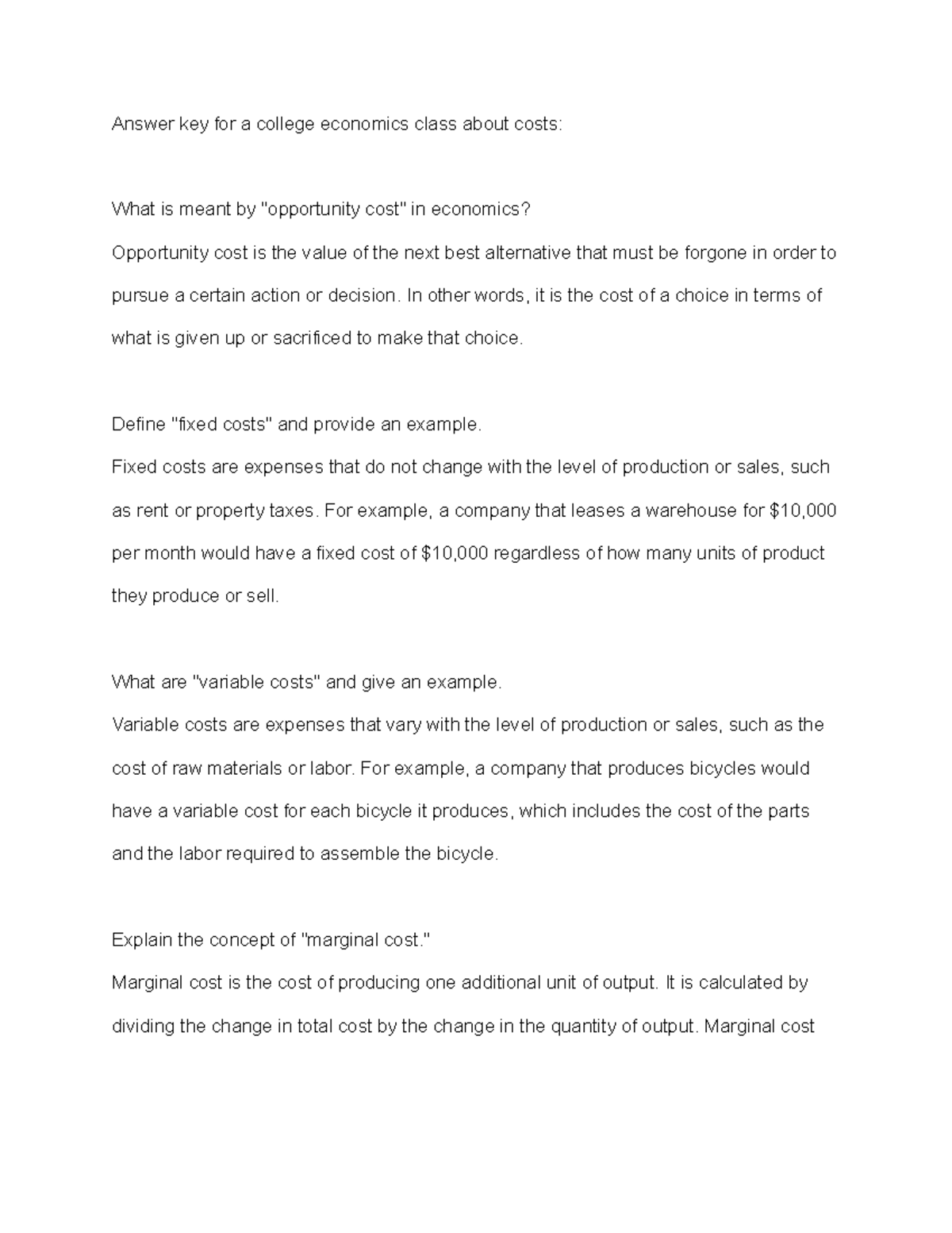 Answer key for a college economics class about costs - In other words ...