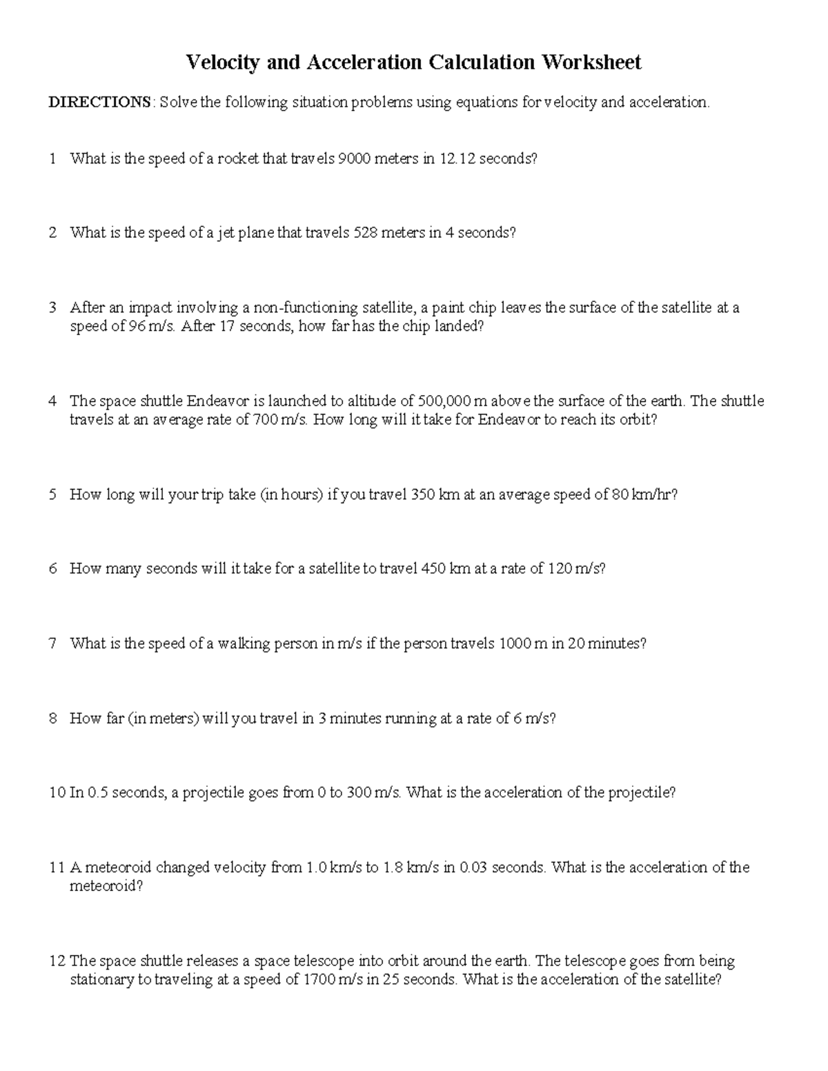 Velocity calculation ws - Velocity and Acceleration Calculation ...