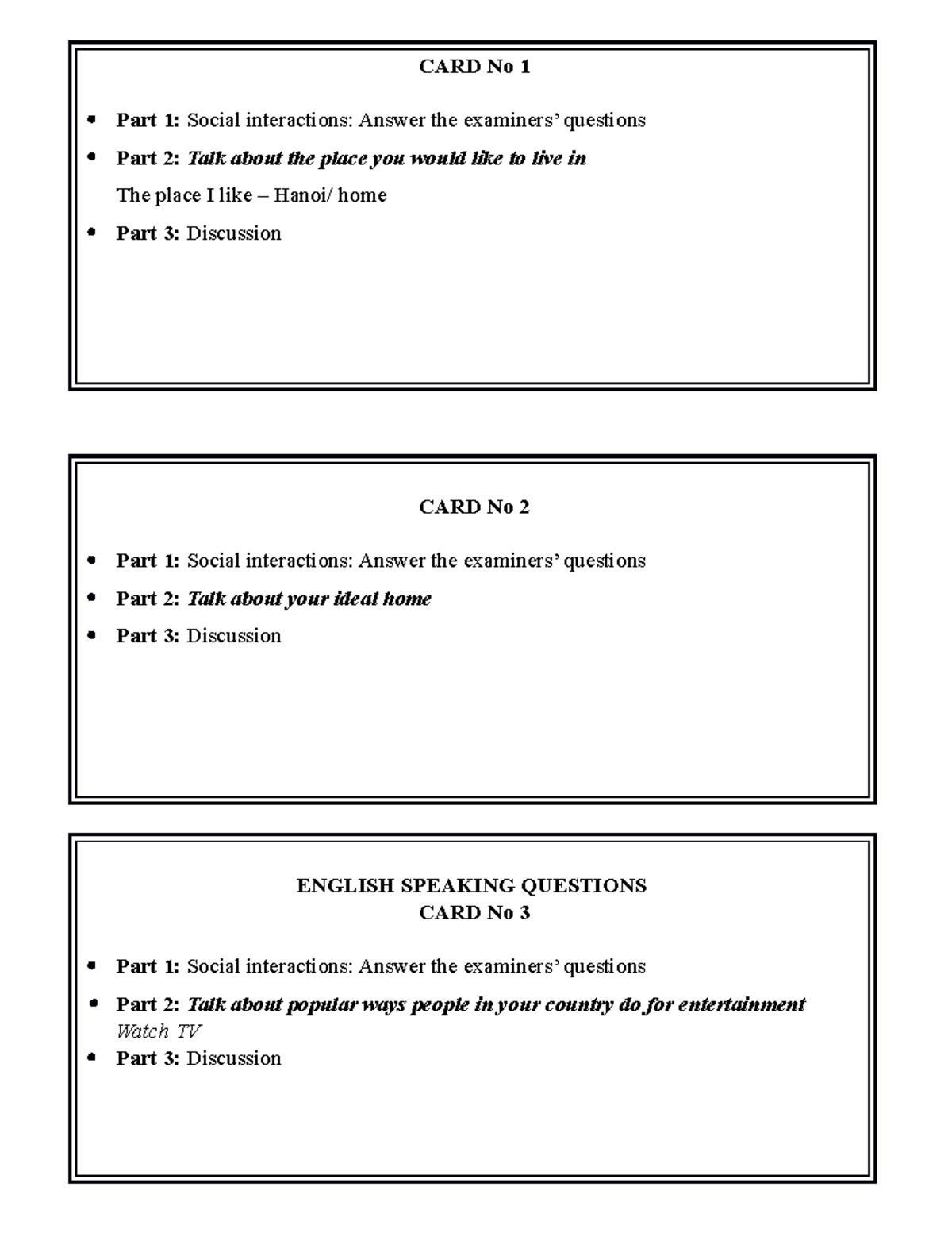 Speaking TEST Questions GE3 - Copy - CARD No 1 Part 1: Social ...