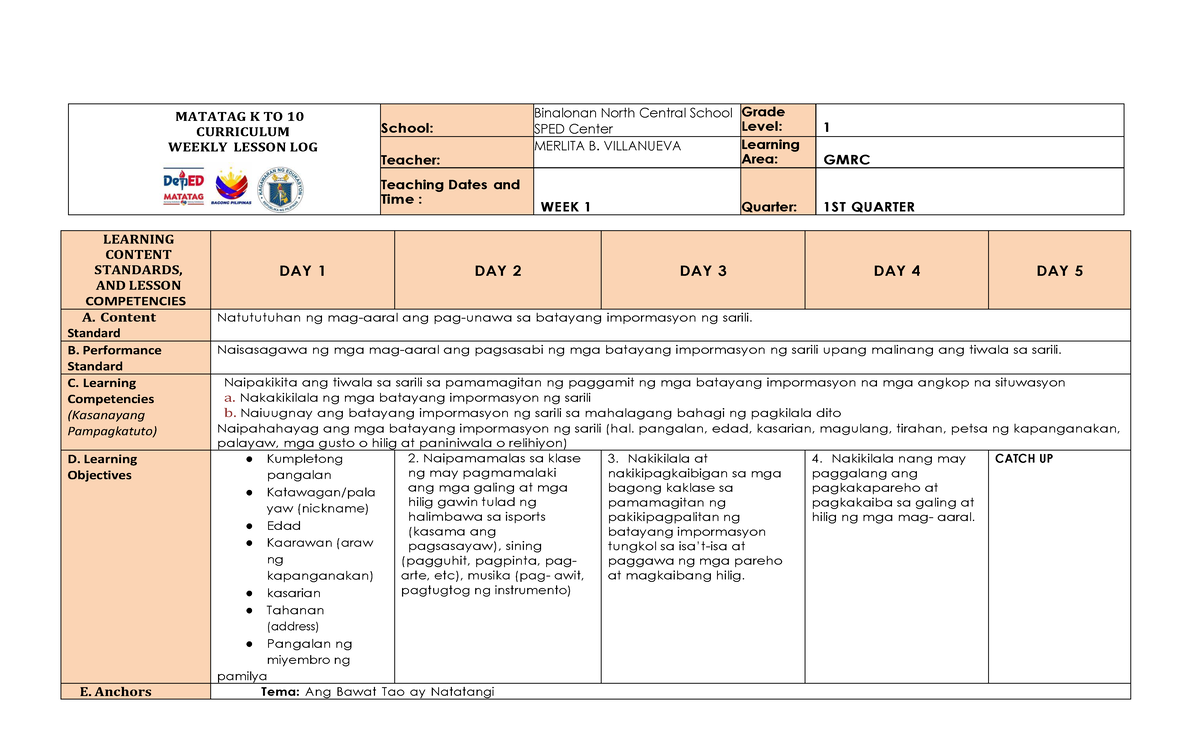 WEEK-1-DLP - DLP - MATATAG K TO 10 CURRICULUM WEEKLY LESSON LOG School ...