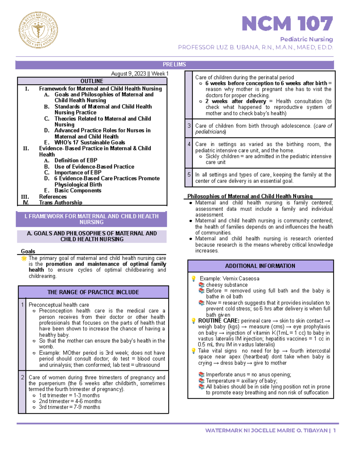 1-Prelims-NCM 107 Pedia Transes - NCM 107 Pediatric Nursing PROFESSOR LUZ B. UBANA, R., M.A ...