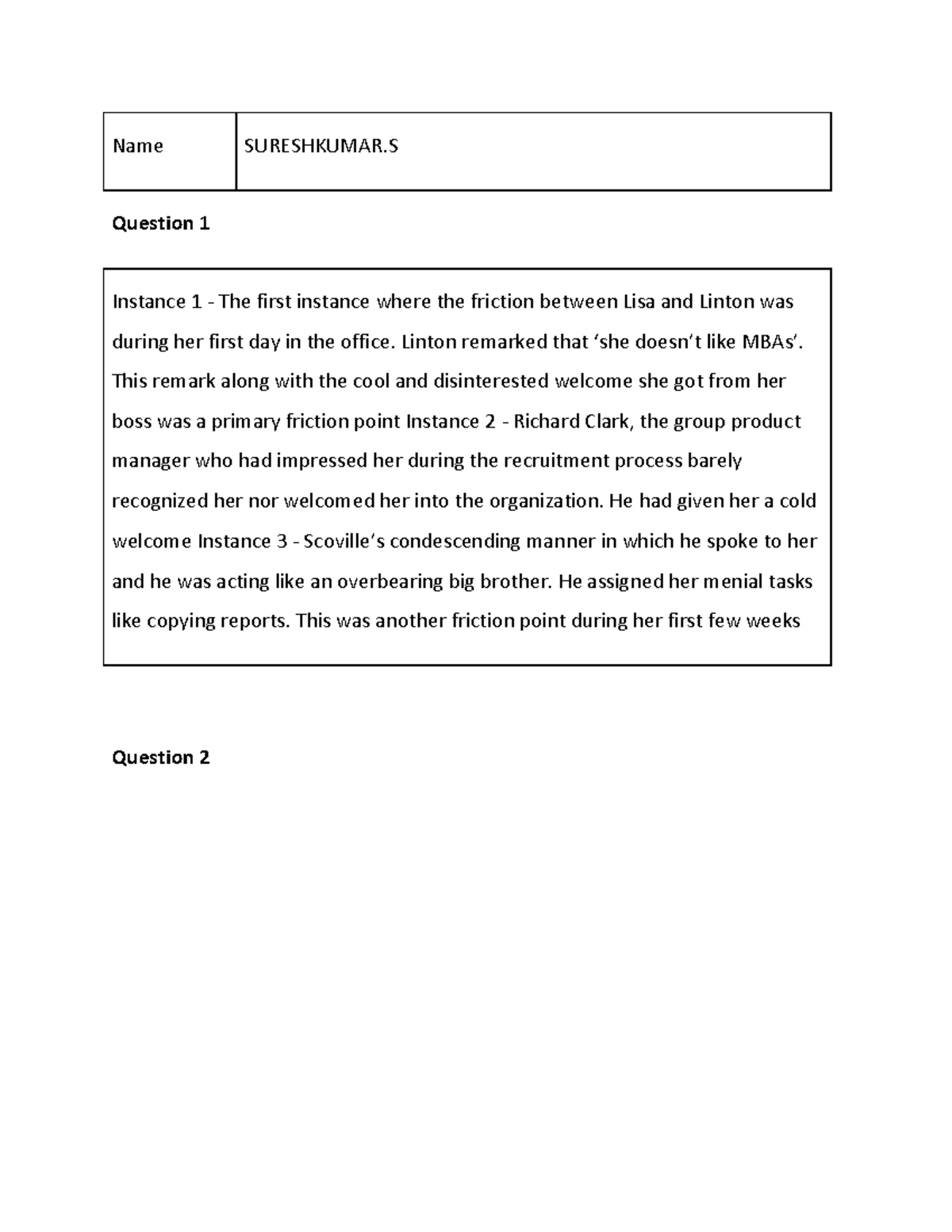 IMT Lisa Benton - Name SURESHKUMAR Question 1 Instance 1 - The first instance where the friction ...